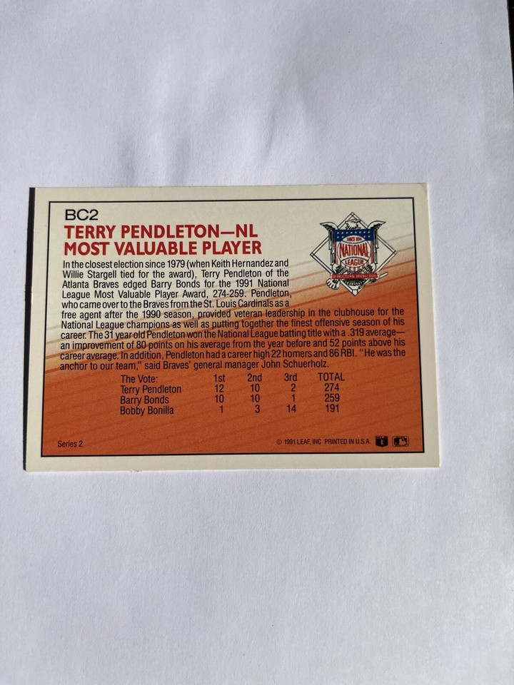 Terry Pendleton Baseball Card with Error NL MVP 1992 Donruss Atlanta ...