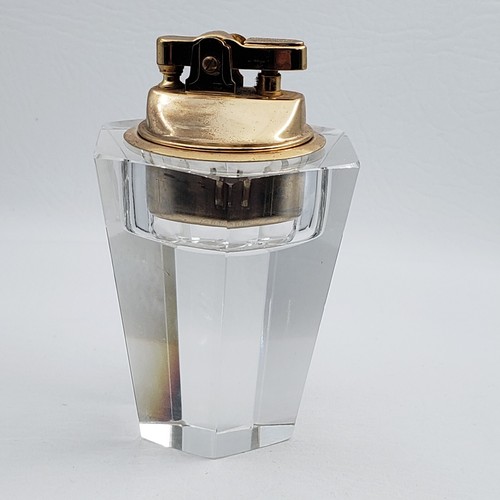 MCM VINTAGE CRYSTAL TABLE LIGHTER IN GEOMETRIC HEXAGON WITH JAPAN BRASS ...