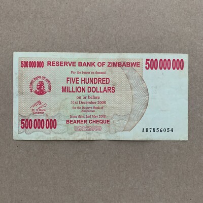 Zimbabwe 500 Million Dollar Bearer Cheque Bill Banknote Money - Pre ...