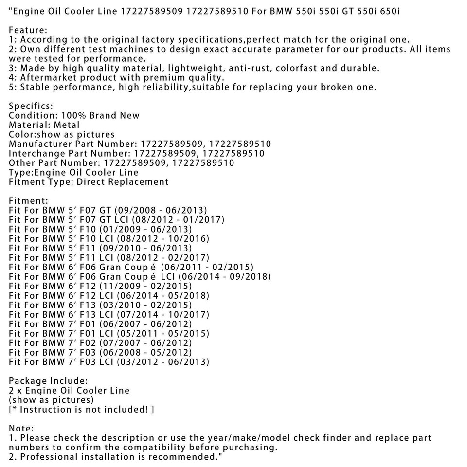 17227589510 17227589509 Engine Oil Cooler Line For BMW 550i 550i GT ...