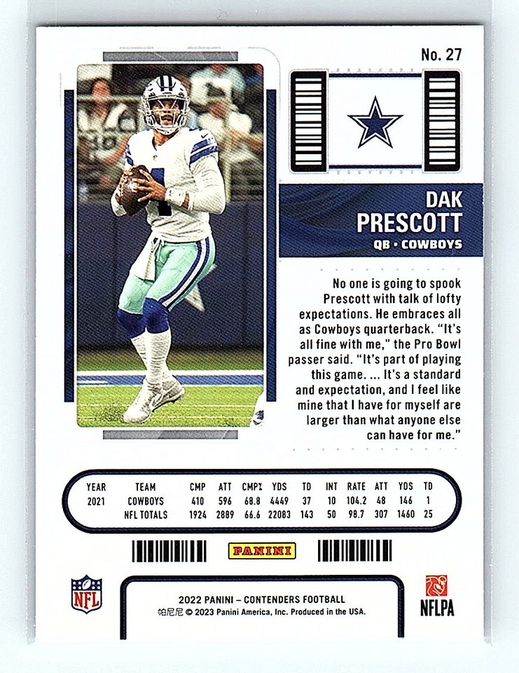 2022 Panini Contenders Season Ticket Dak Prescott Dallas Cowboys #27 | eBay