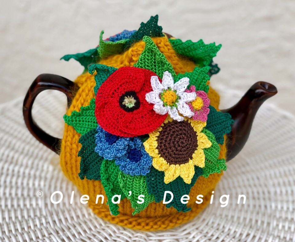 Handmade Knitted Wool tea cozy yellow tea cover daisy tea cosy tea ...