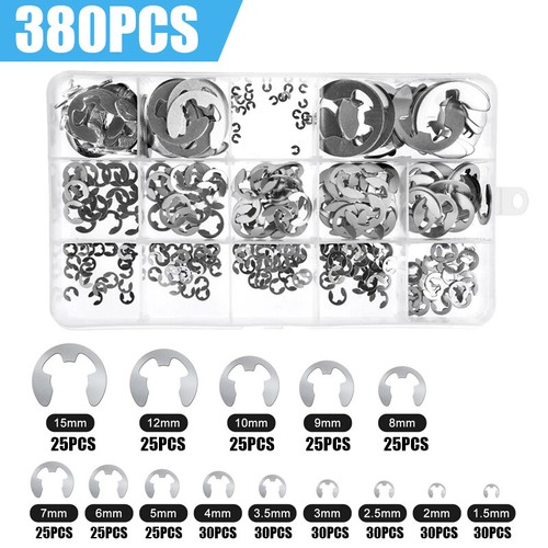 380Pcs Stainless Steel E-Clip Circlip Kit Retaining Ring Assortment Set ...