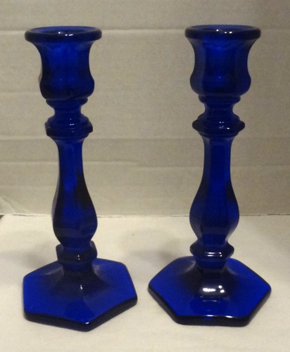 Set of 2 Mosser Glass Cobalt Blue Paneled Candleholders Candlesticks | eBay