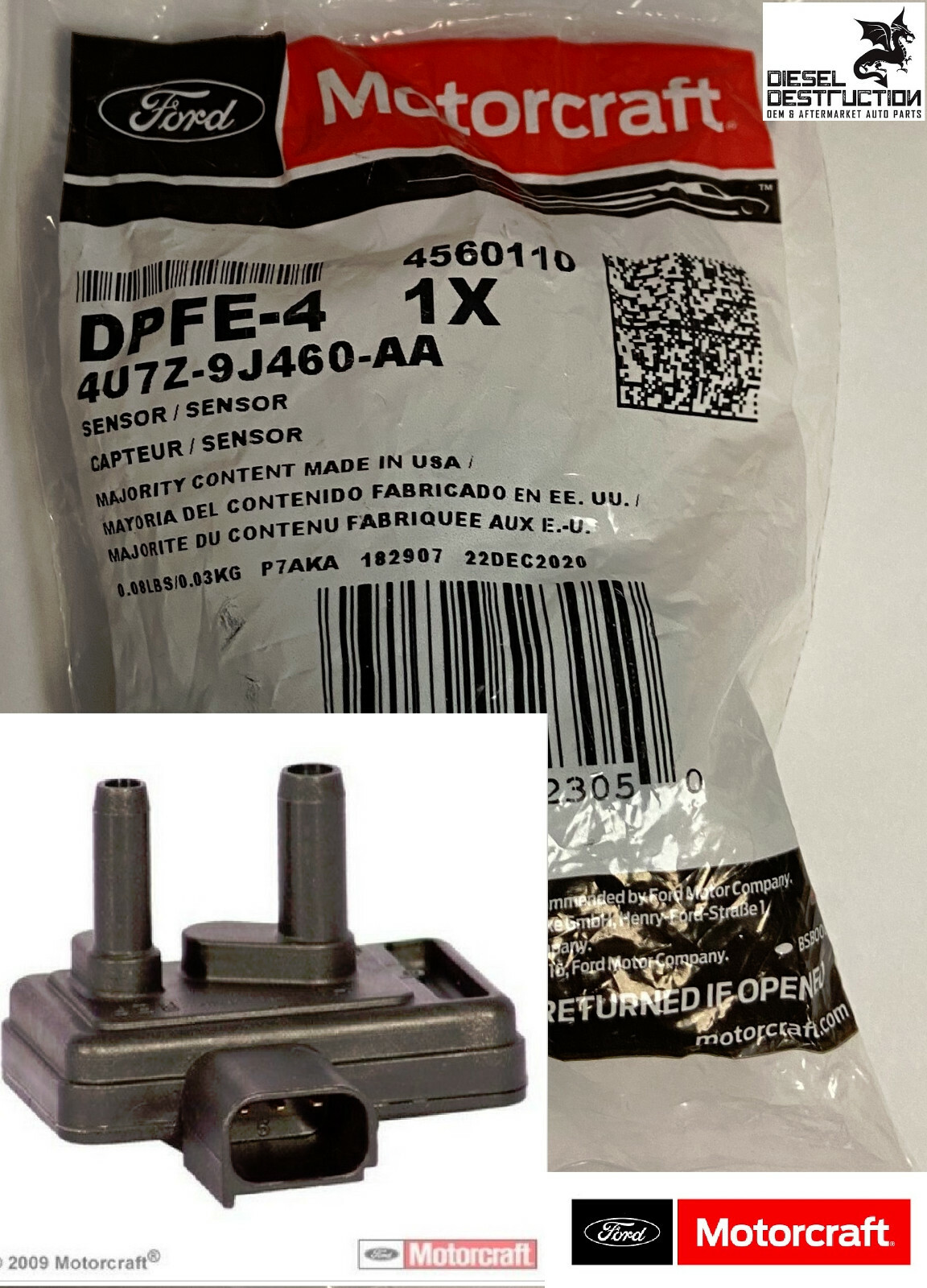 OEM DPFE4 Motorcraft Ford EGR Valve Pressure Feedback Sensor 4U7Z-9J460 ...