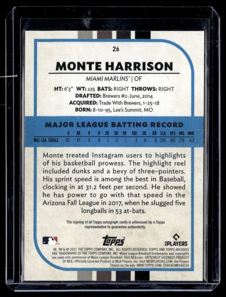 2021 Topps Archives Snapshots Base Autographs Monte Harrison RC Auto ...