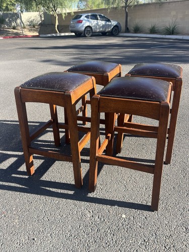 stickley Mission Collection 4 Oak Stool Set Of Leather Backless Stools ...