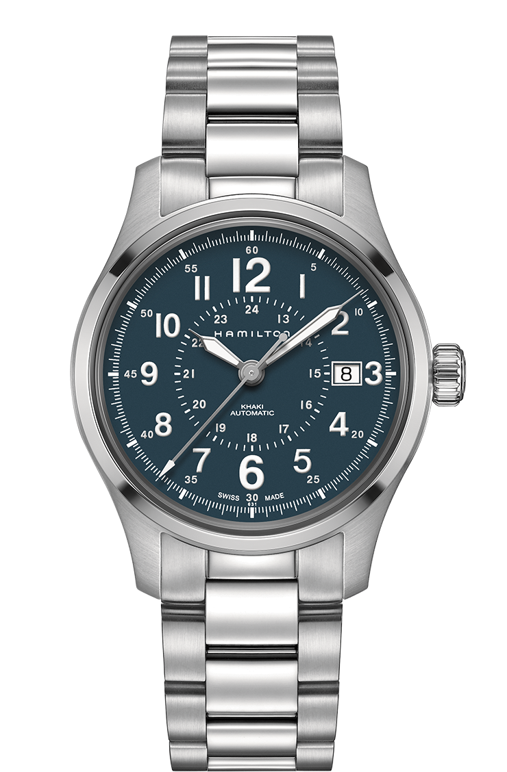 Hamilton Khaki Field Blue Men's Watch with Silver Stainless Steel Band ...