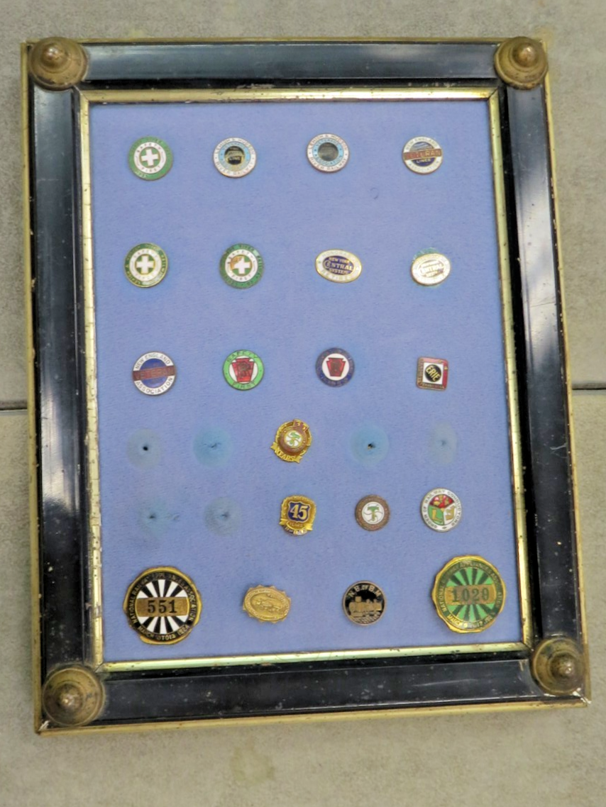 FRAMED MOUNTED COLLECTION OF ANTIQUE RAILROAD TAC PINS, 20 RAILWAY PINS ...