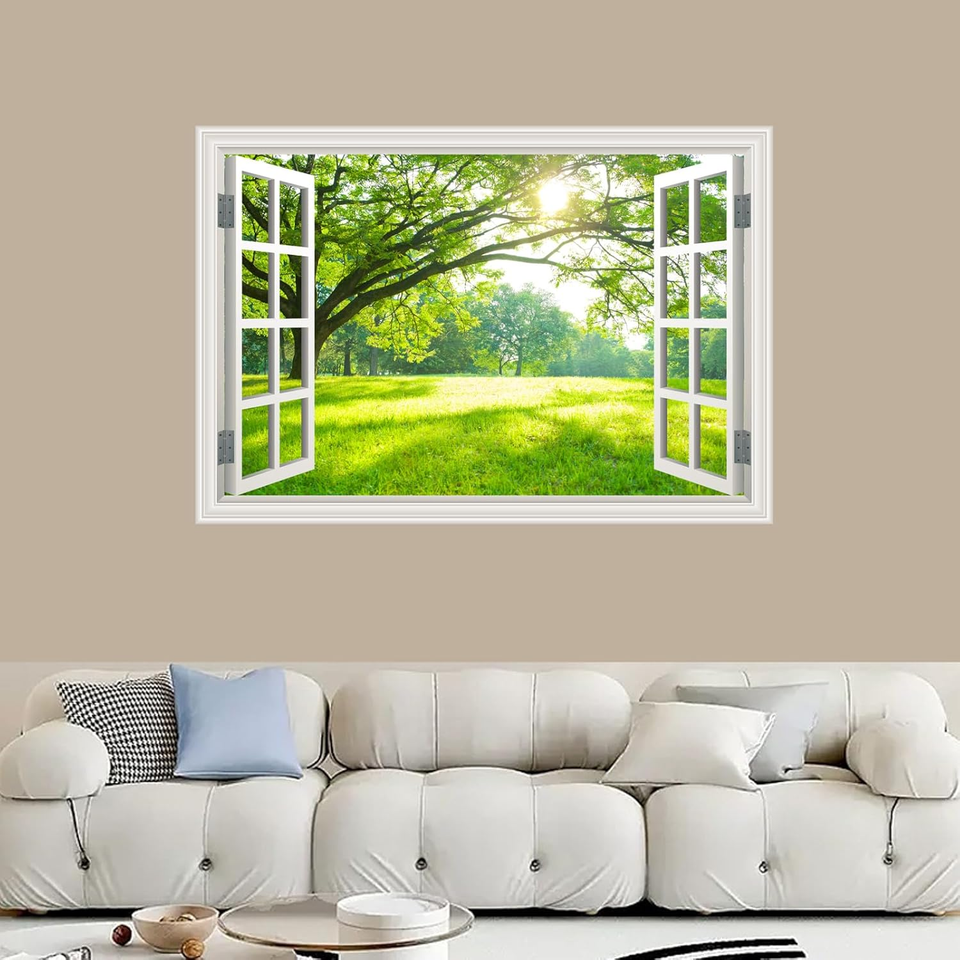 Fake Window Wall Mural Green Forest Tree Wall Art Poster Faux Window ...