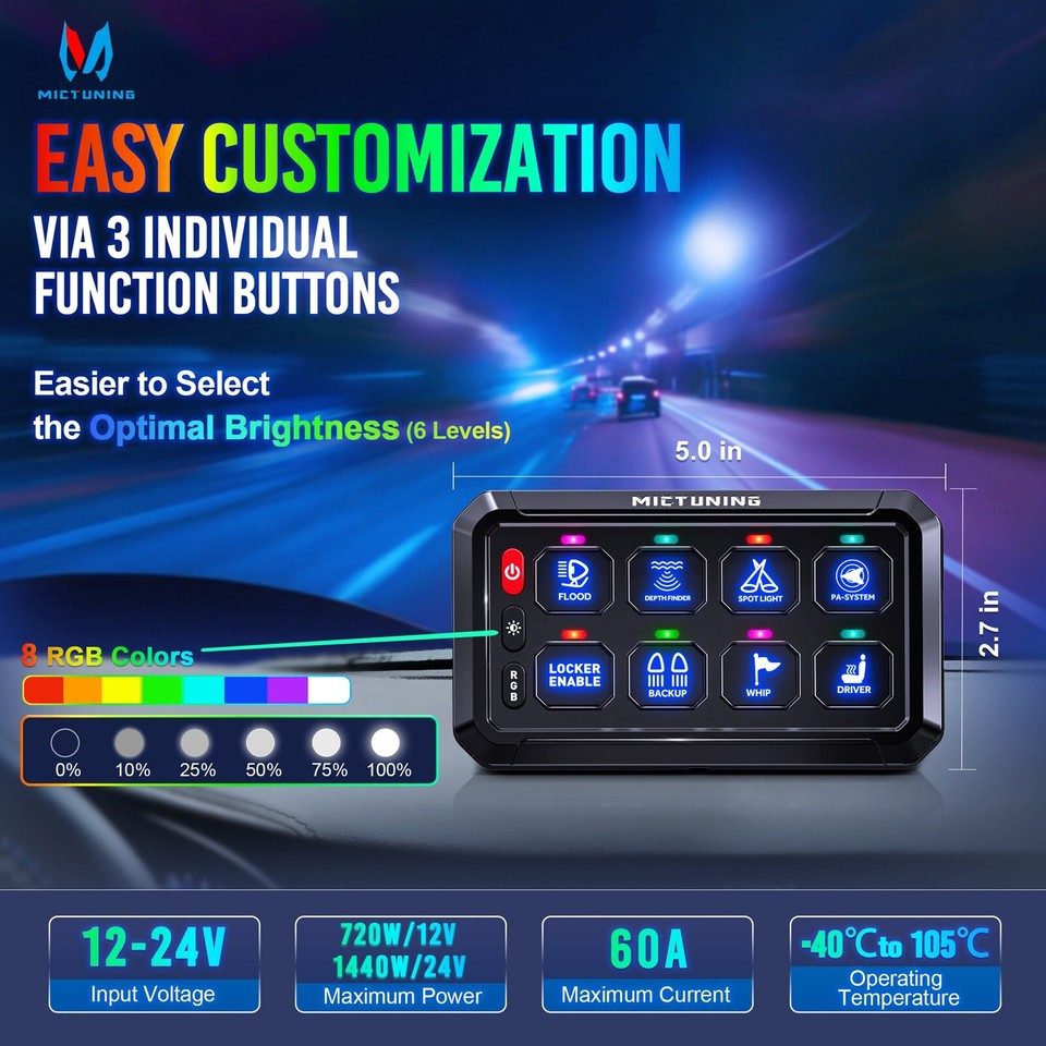 MICTUNING P1s-8 RGB 8 Gang Switch Panel,LED Light Bar Relay System ...