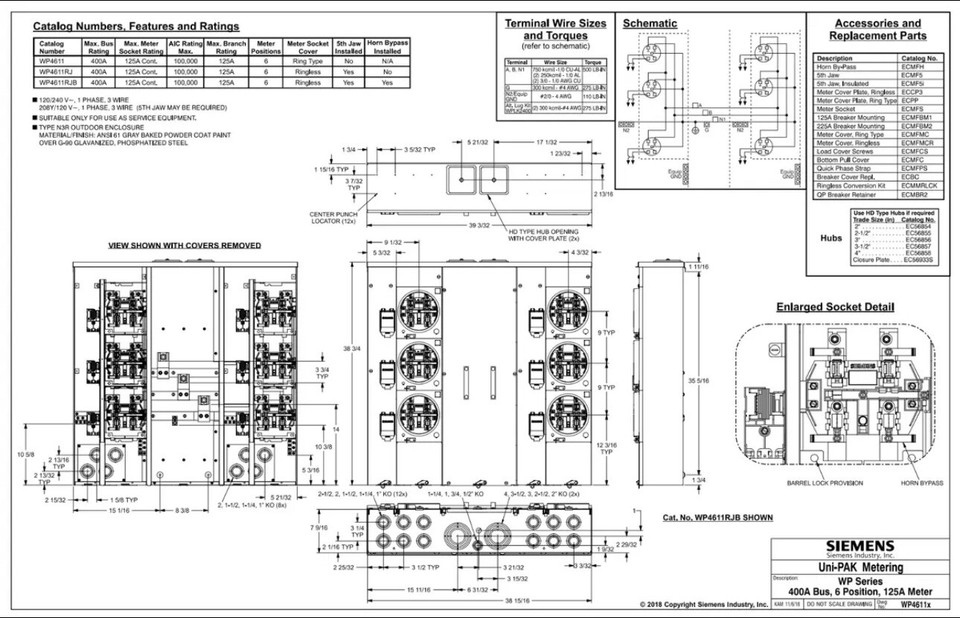 Siemens 6-Gang 400A 125 Amp RINGLESS BYPASS WP4611RJB UNI-PAK Meter ...