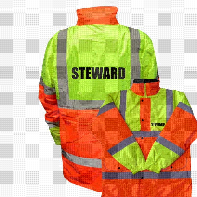 PRINTED STEWARD YELLOW ORANGE PARKA JACKET, EVENT STAFF SECURITY NEW ...
