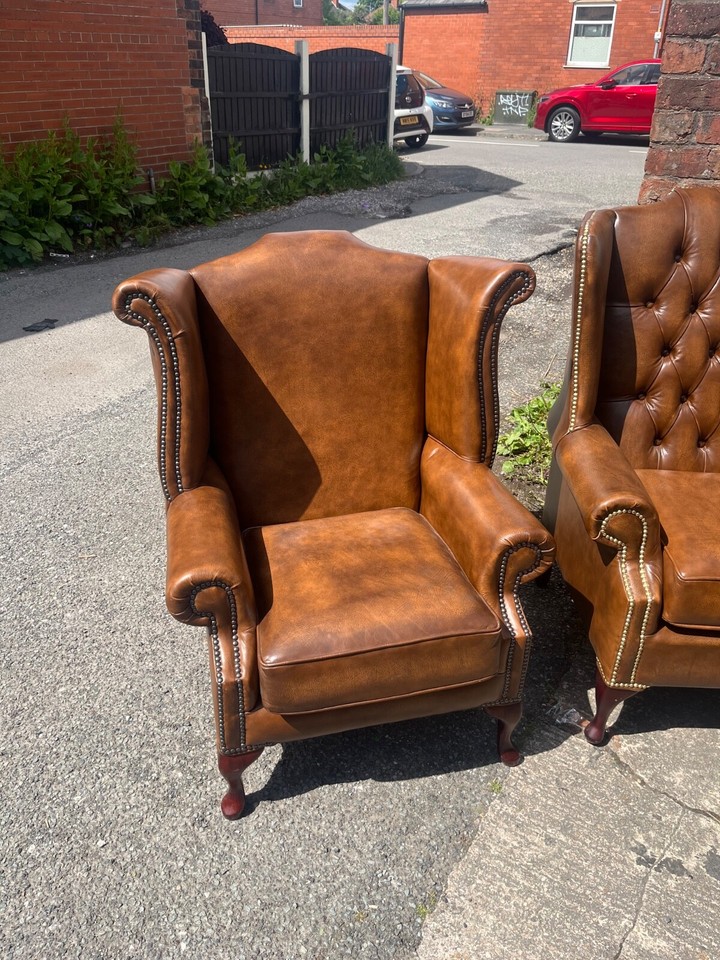 leather chesterfield Queen Anne chairs High back wing back CAN DEL | eBay