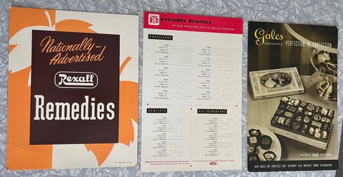3 OLD REXALL DRUG STORE COUNTER SIGN POSTERS REMEDIES CANDY DOCTOR ...