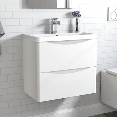 500/600/800 Bathroom Vanity Unit with Basin and 2 Drawers Gloss White ...