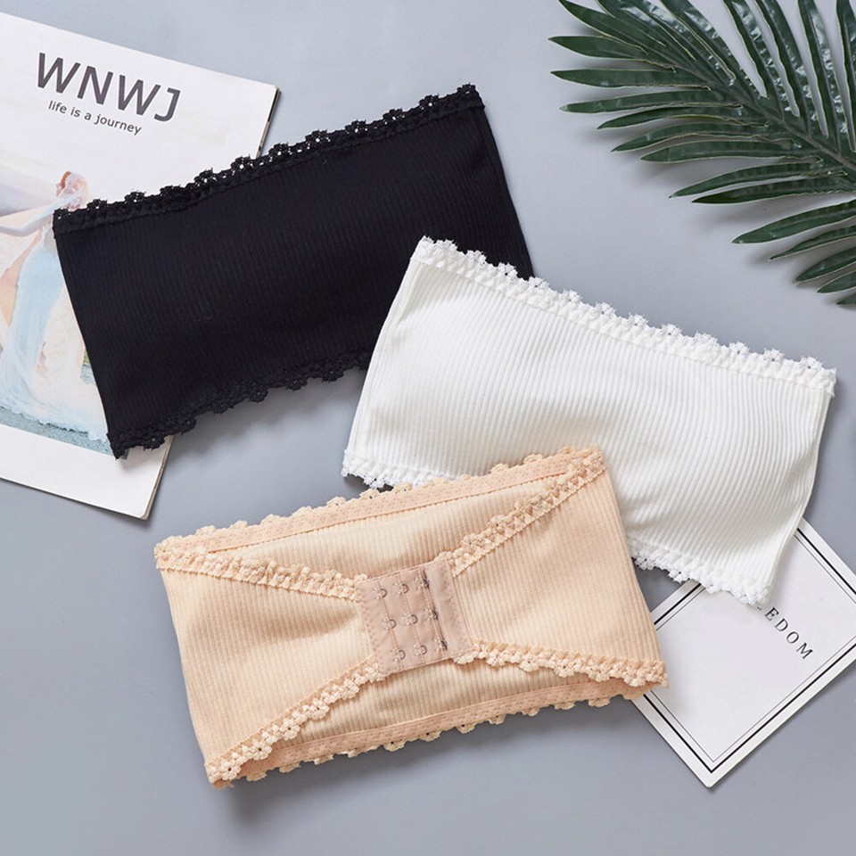 Women Lace Bra Back Closure Bandeau Crop Top Padded Bralette Strapless ...