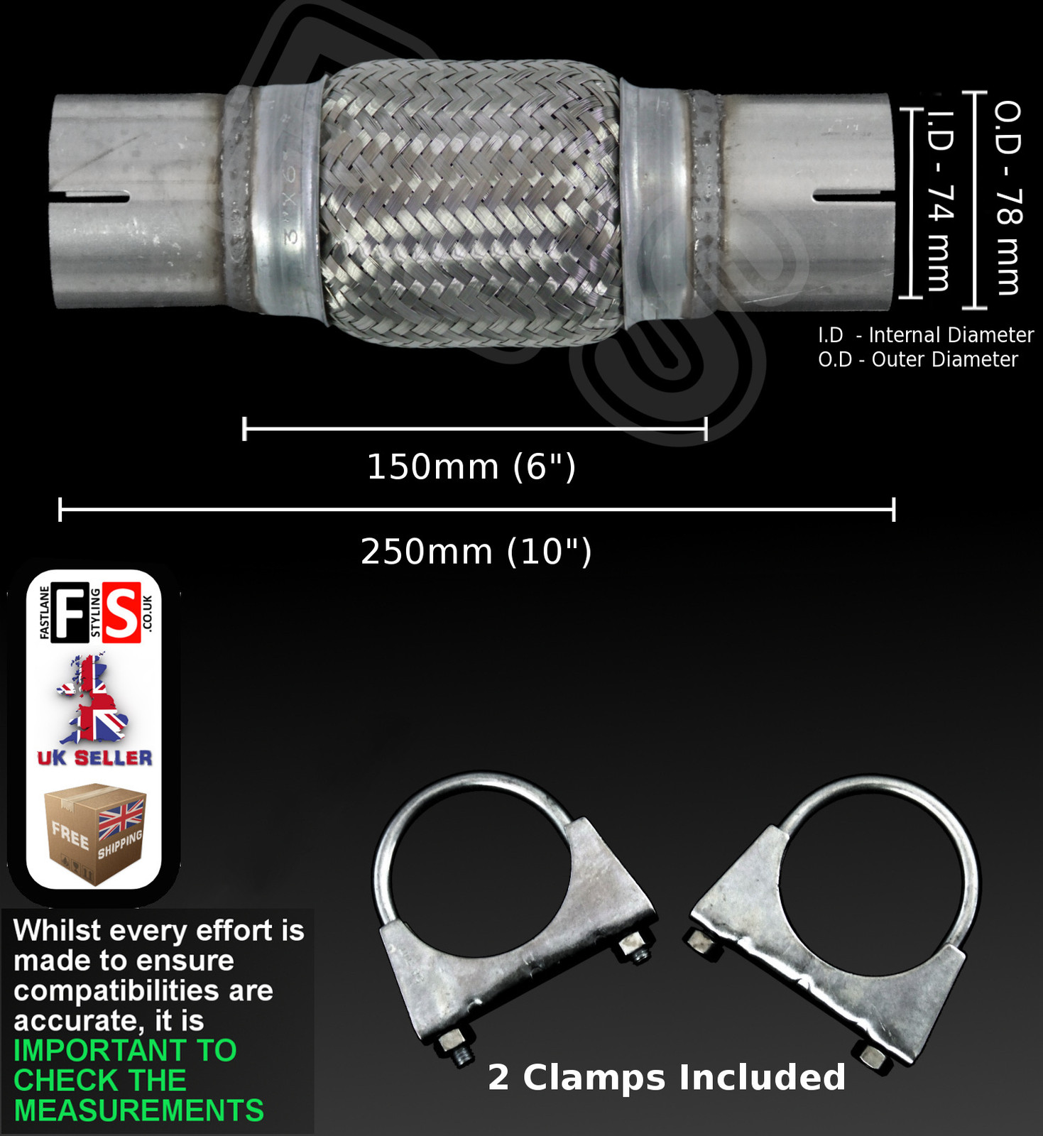 3" x 10" inch Flex Stainless Steel Exhaust Flexi Pipe Repair Kit 76mm x ...