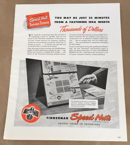Speed Nuts 1949 original vintage print ad 1940s art Tinnerman ...