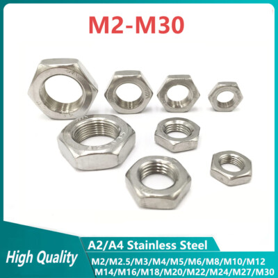 M2-M30 Hex Hexagon Half Nuts Thin Lock Nut A2/A4 Stainless M6 M12 M20 ...