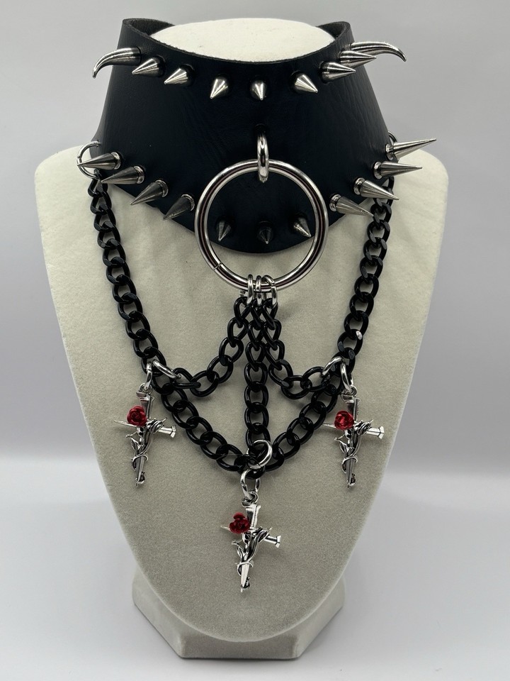 Vegan Leather Spiked Chains Crosses Collar 14 3/4 inches at its largest ...