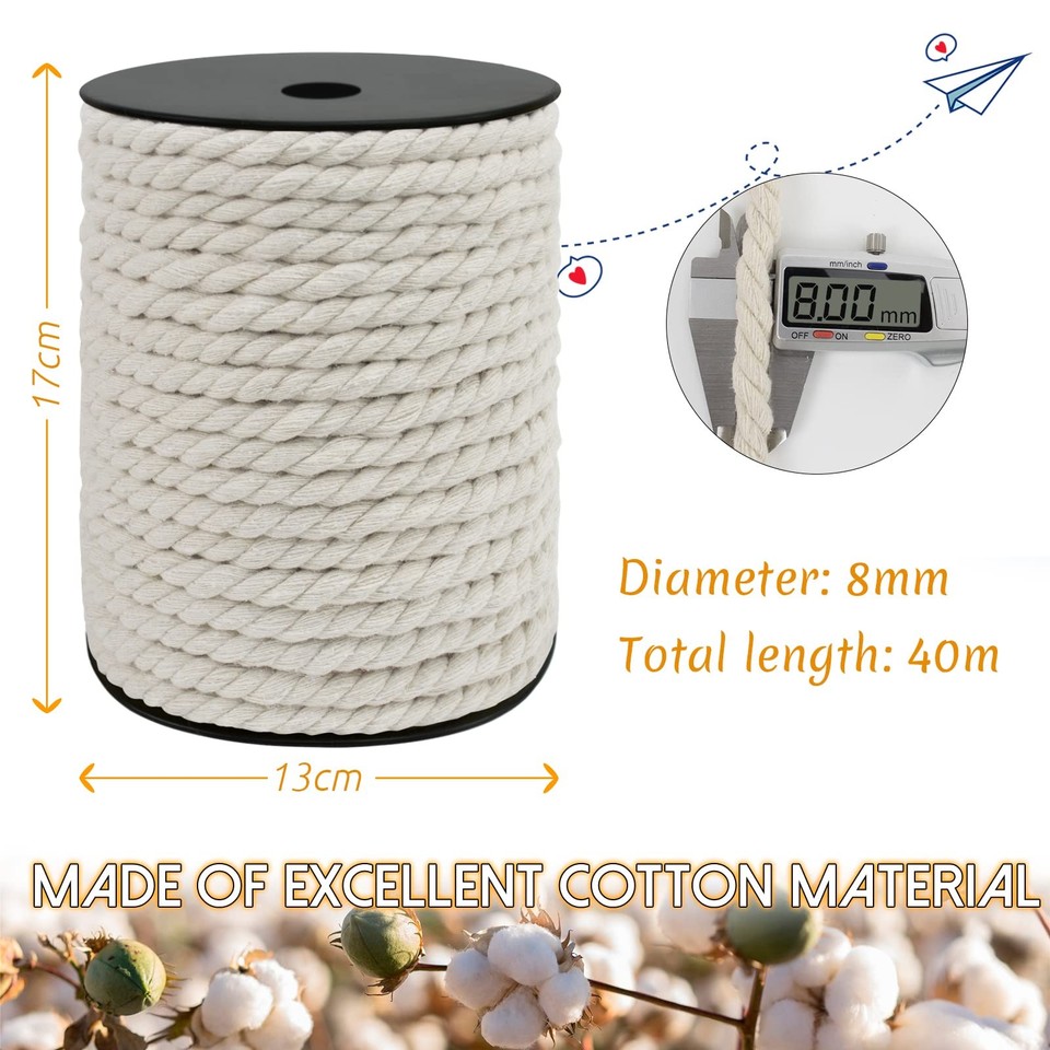8mm Macrame Cord 131 Feet Natural Cotton Macrame Rope Yarn 3 Strand ...