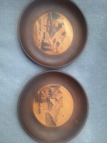 Wood Inlay Wall Hanging Plates With Mountain Scenes | eBay