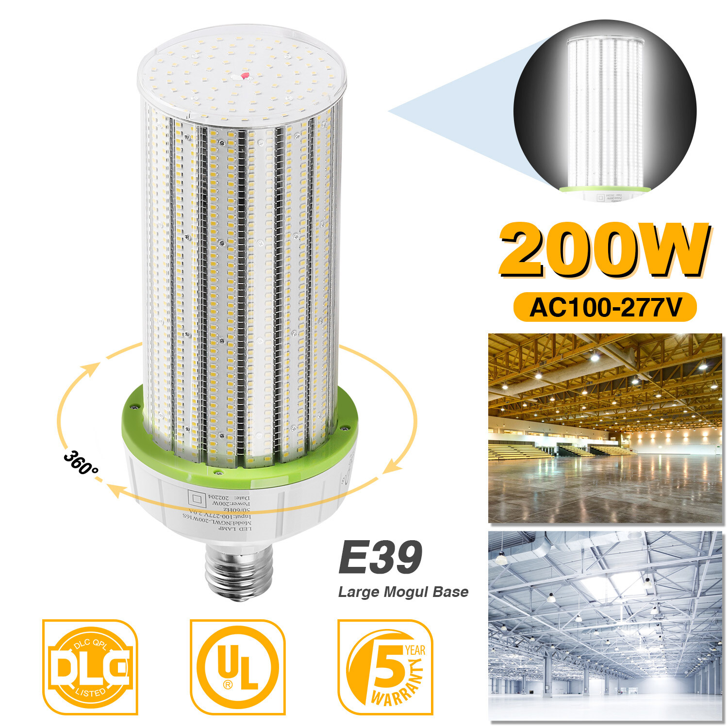 200W LED Corn Cob Bulb E39 Mogul Base Replace 1000W MH/HPS High Bay ...