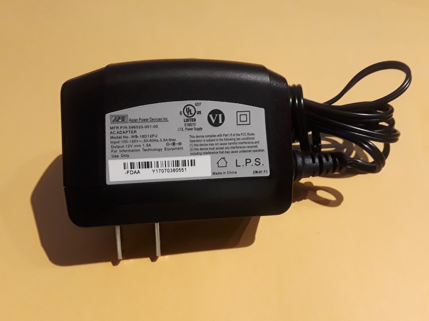 ASIAN POWER DEVICES WB-18D12FU AC ADAPTER 100-120V 50-60Hz 12V 1.5A,18 ...