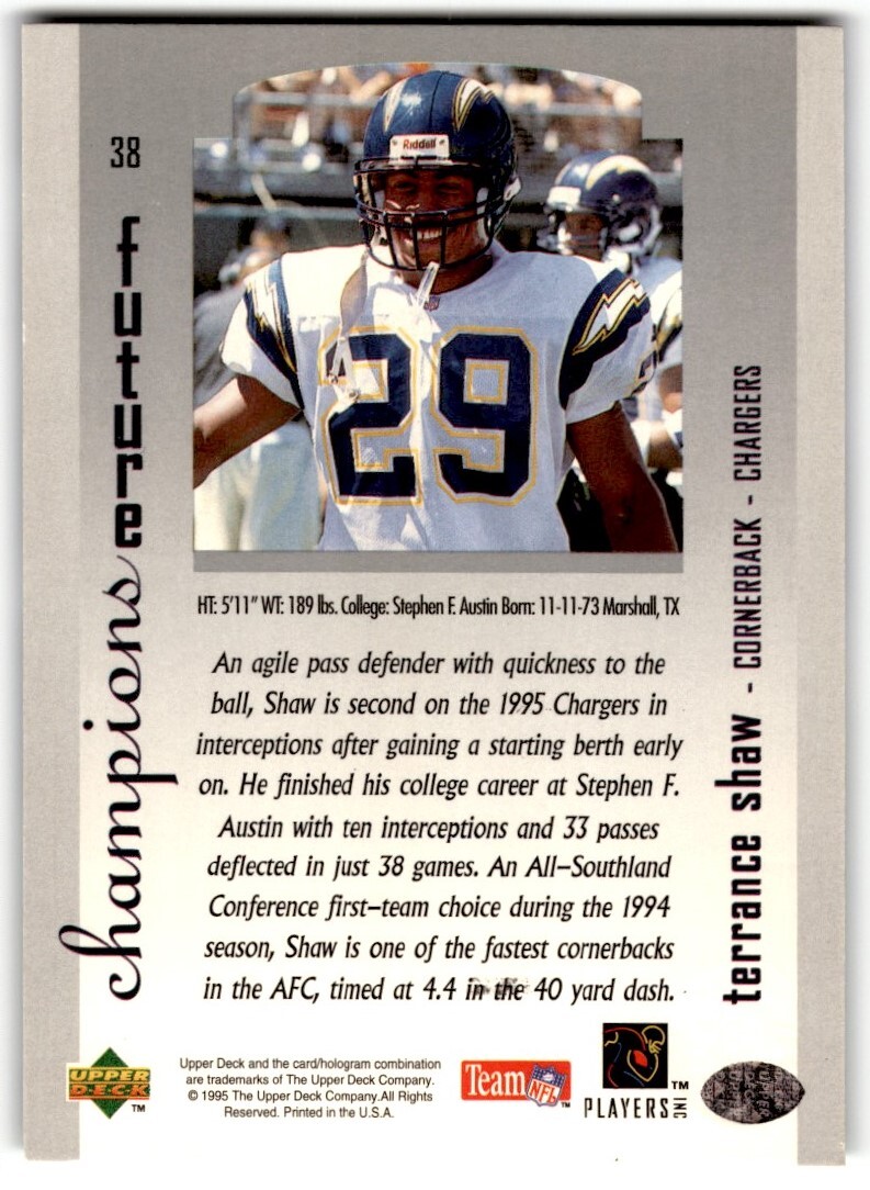 1995 SP Championship Future Terrance Shaw Rookie #38 San Diego Chargers ...