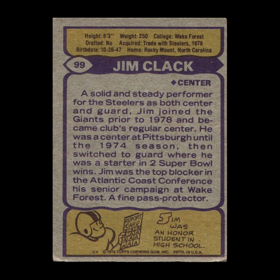 Jim Clack 1979 Topps Rookie New York Giants #99 R310A 3 | eBay