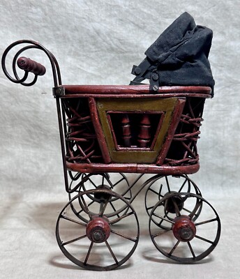 Antique 11" Tall Victorian Baby Stroller Carriage Wicker Wrought Iron ...
