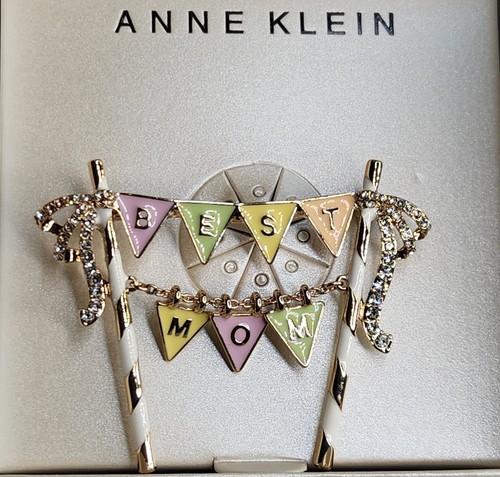 Anne Klein Best Mom Banner Pastel Enamel Crystal Brooch Pin New in Gift ...