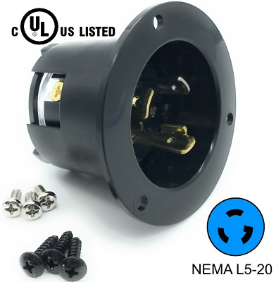 Black L5-20P Flanged Power Inlet Generator RV Plug 125 Volt Receptacle ...