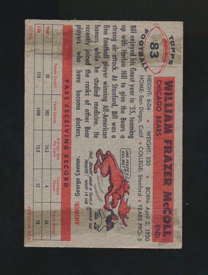 BILL MCCOLL 1956 TOPPS FOOTBALL #83 | eBay