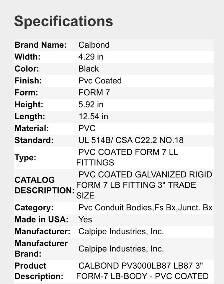 ⚡️3” CALBOND PV3000LB87 Conduit Body,Type LB,FM7, 3 in., PVC⚡️ | eBay