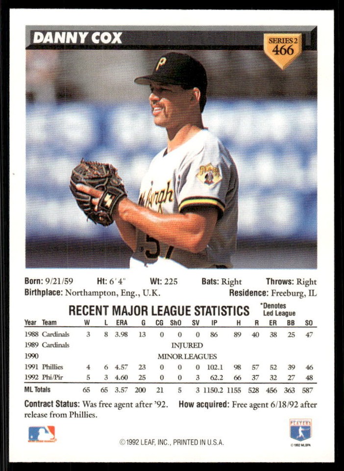 1993 Donruss 466 Danny Cox Pittsburgh Pirates Baseball Card | eBay