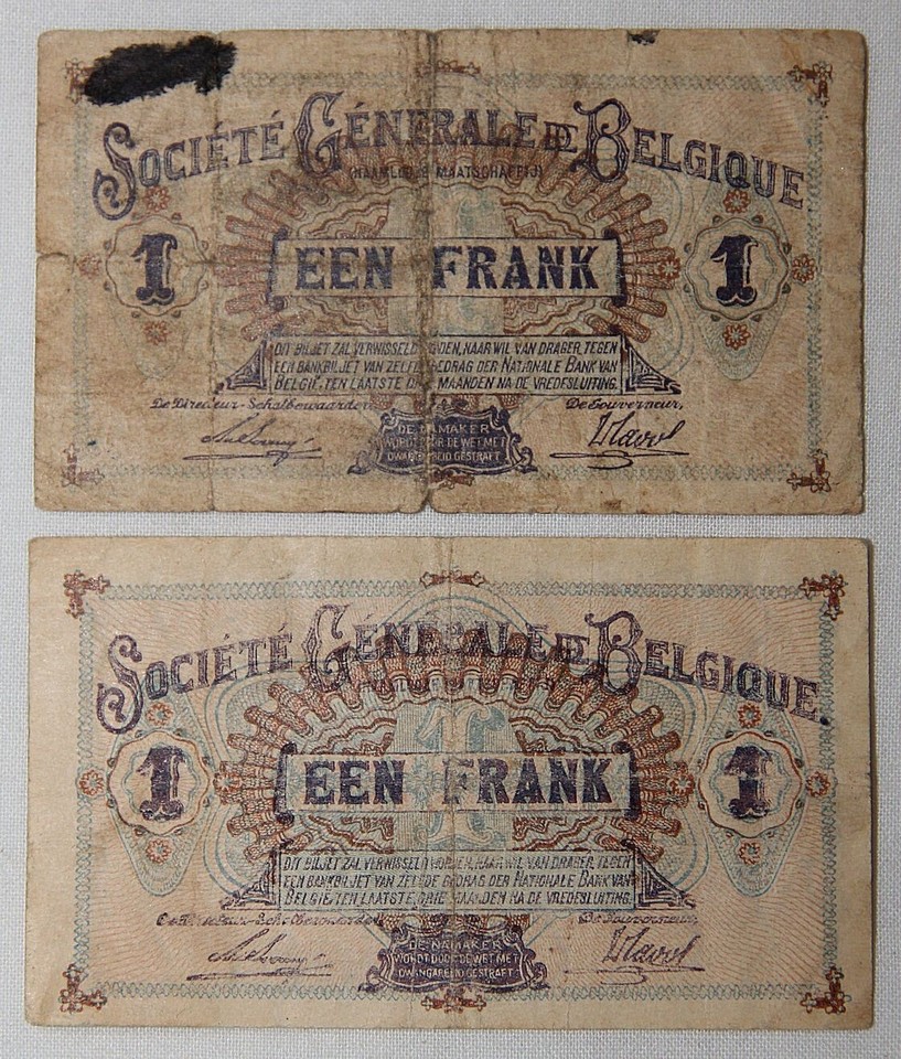 WWI GERMAN OCCUPIED BELGIUM 1915 & 1918 1 FRANC NOTES, PAPER MONEY | eBay