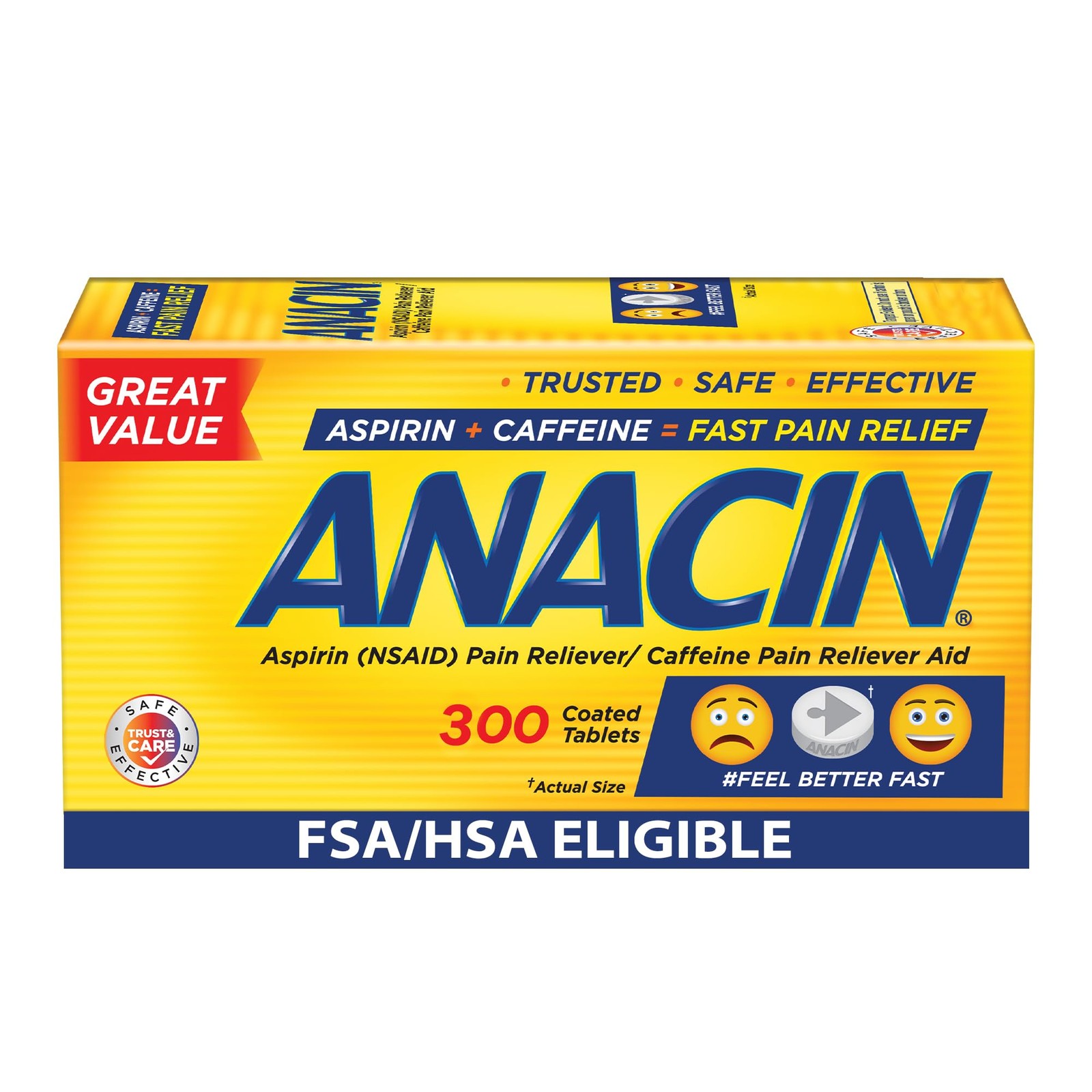 Anacin Fast Pain Relief, Aspirin + Caffeine Pain Reliever, 300 coated ...