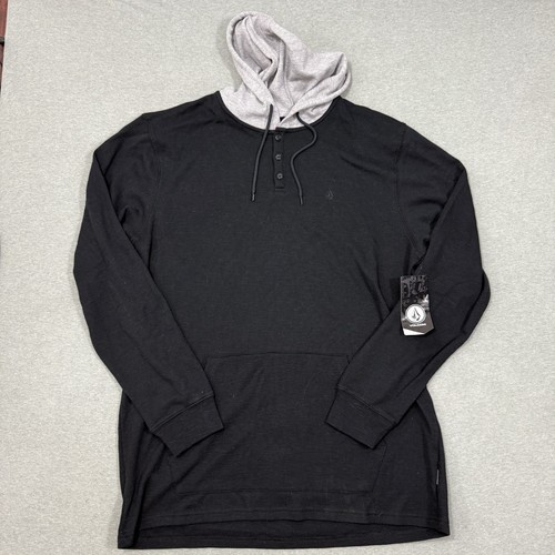 New Volcom Men’s XL Thermal Waffle Knit Pullover Hoodie Black And Gray ...