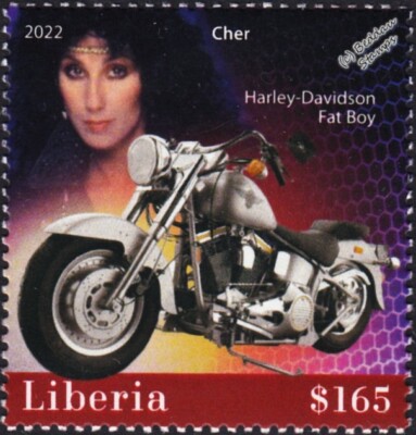 CHER & HARLEY-DAVIDSON FAT BOY Motorcycle Motorbike Stamp (2022 Liberia ...