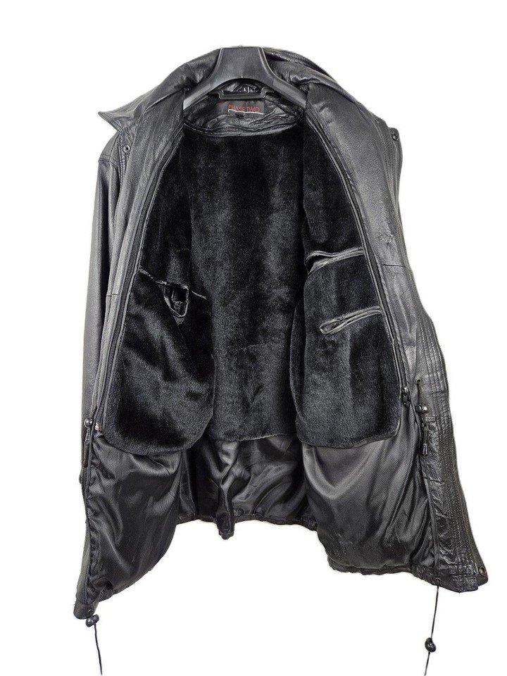 Phase Two Men's Black Leather Jacket Size L multi pocket, hoodie ...