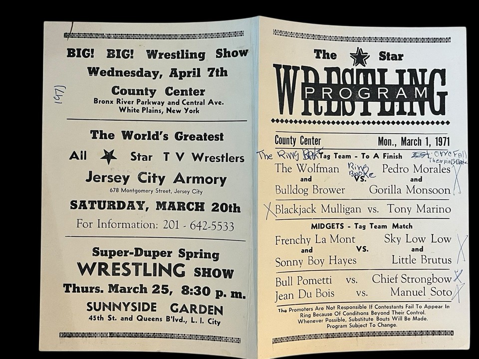 WWWF 3/1 /71 Wrestling Program PEDRO + MONSOON WWF MSG White Plains NY ...