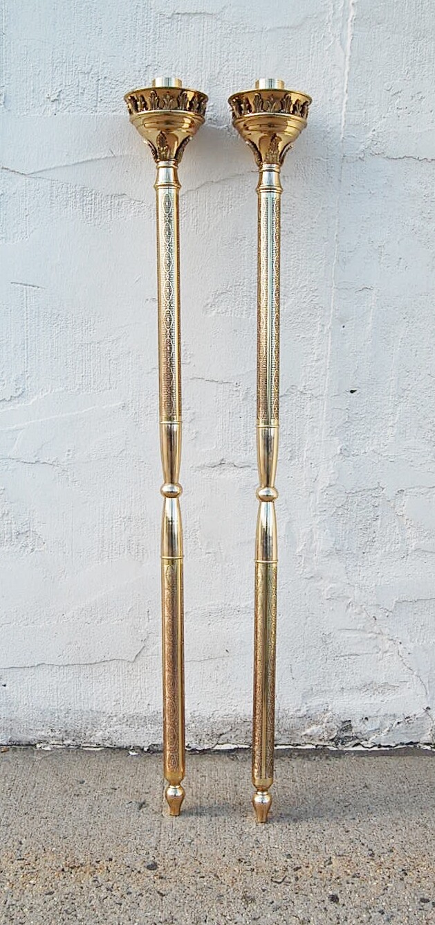 PAIR 40" BRASS PROCESSIONAL CANDLESTICKS TORCHES / ACOLYTES #108spal ...