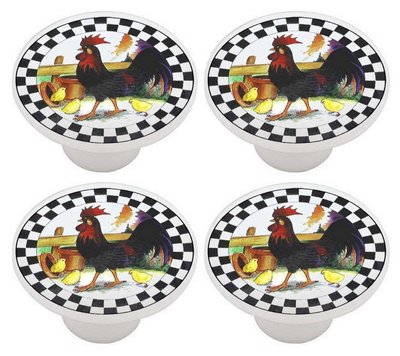 Set of 4 Rooster & Chickens CERAMIC Drawer Pulls Dresser Drawer Cabinet ...