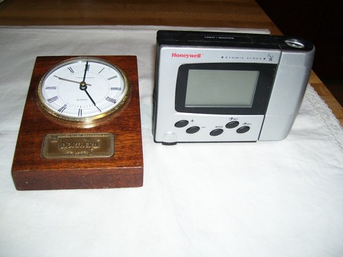 Pair of Desk Clocks Hamilton Wood Quartz & Honeywell Atomic Clock Both ...