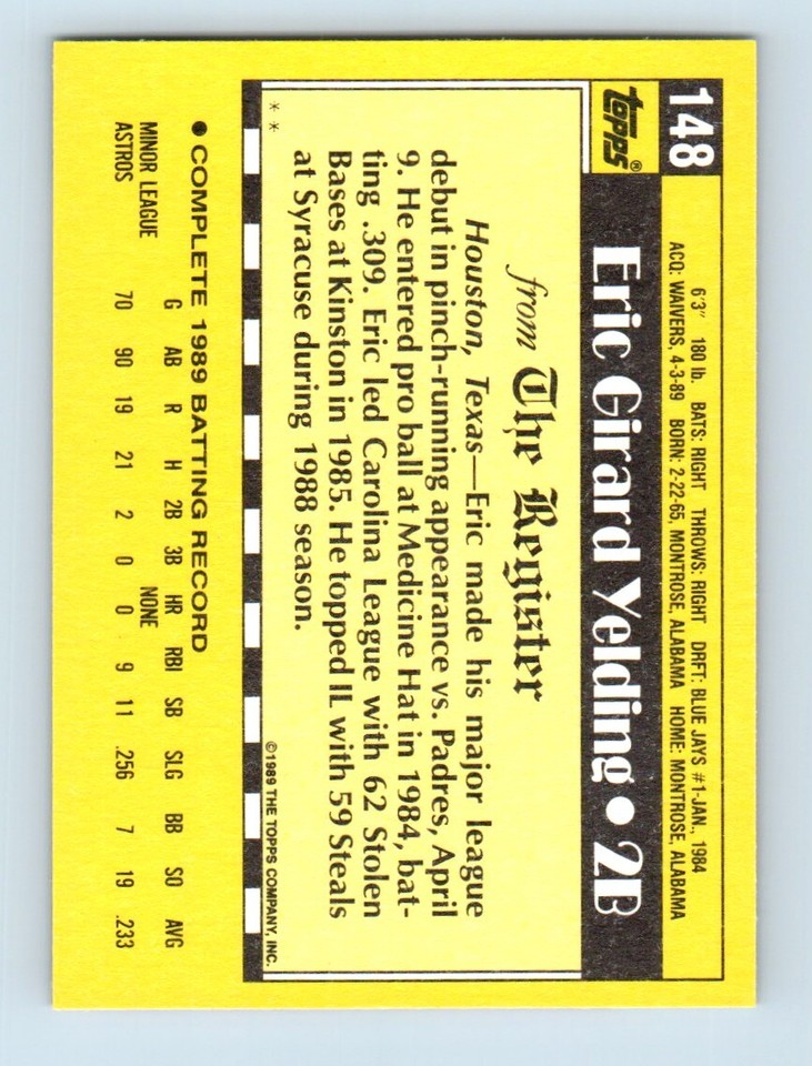 1990 Topps Major League Debut 1989 Eric Yelding Houston Astros #148 | eBay