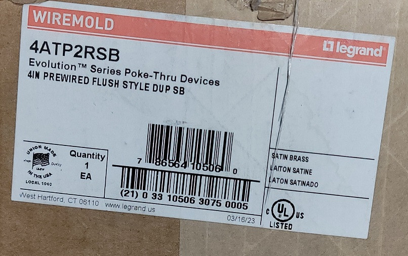 Legrand Wiremold 4ATCP2CRBK Poke-Thru Assembly 4IN PREWIRED FLUSH SYLE ...