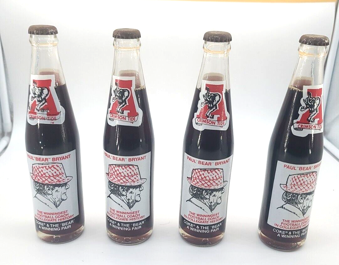 Four Coke Paul Bear Bryant Coca-Cola 10 oz Bottle Alabama Crimson Tide ...