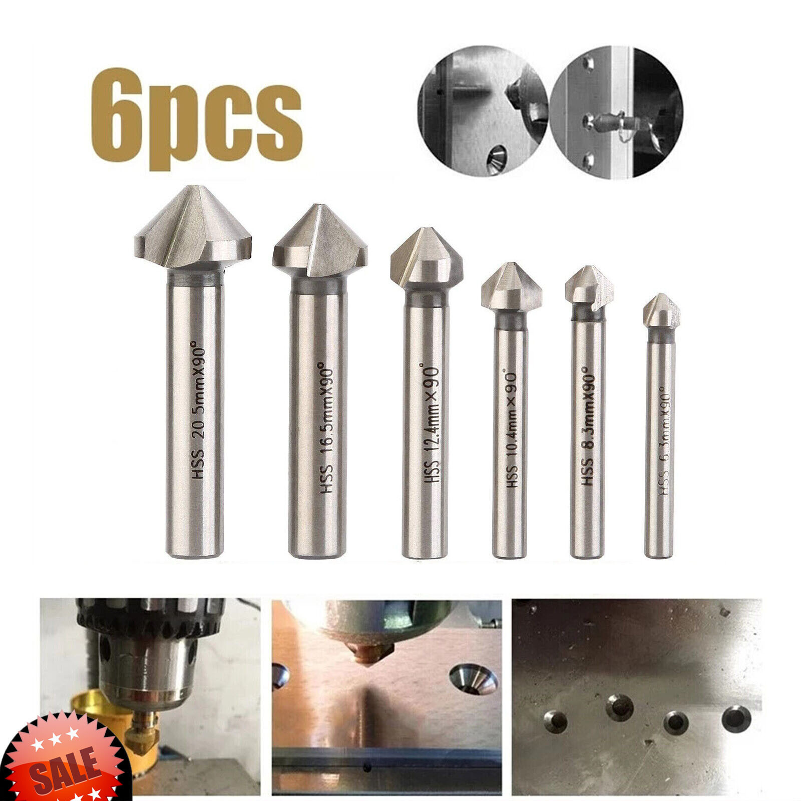 6pcs 3 Flutes 90 Degree Hss Chamfer Cutter Bit Chamfering Countersink ...